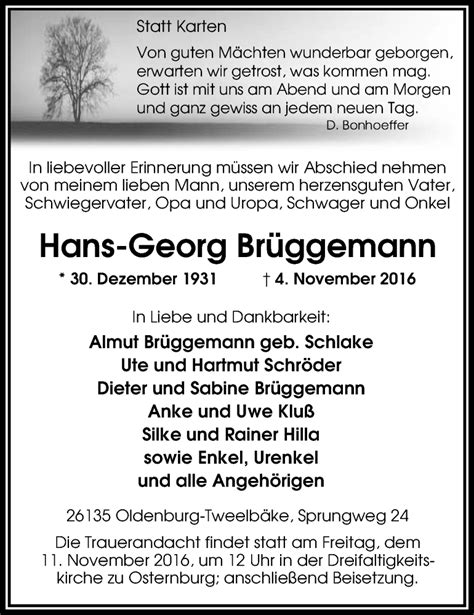 Traueranzeigen von Hans Georg Brüggemann nordwest trauer de