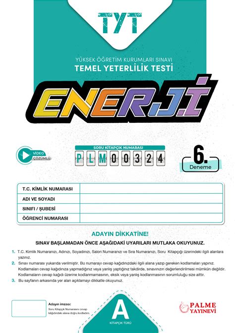 TYT Enerji Serisi 6 Deneme Sınavı A Kitapçığı Palme Kurumsal Başarı