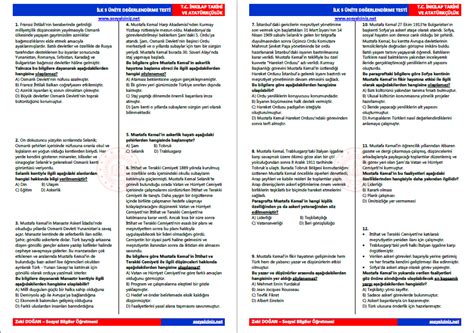 T C İnkılap Tarihi İlk 5 Ünite 100 Soruluk Tarama Testi Sosyal