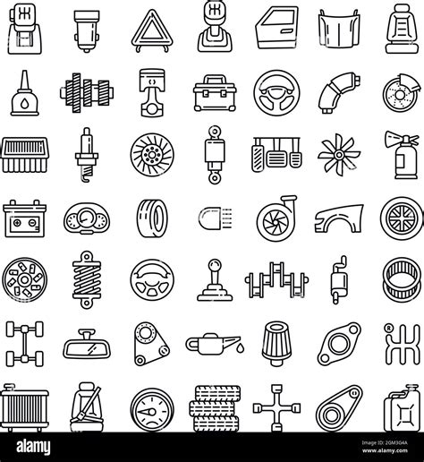 Conjunto de iconos de piezas de automóvil Esquema conjunto de partes