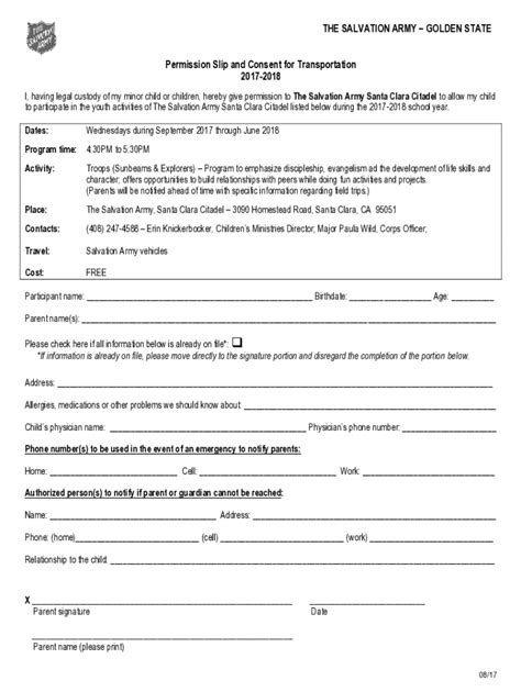 Fillable Online The Salvation Army Permission Waiver Medical Release