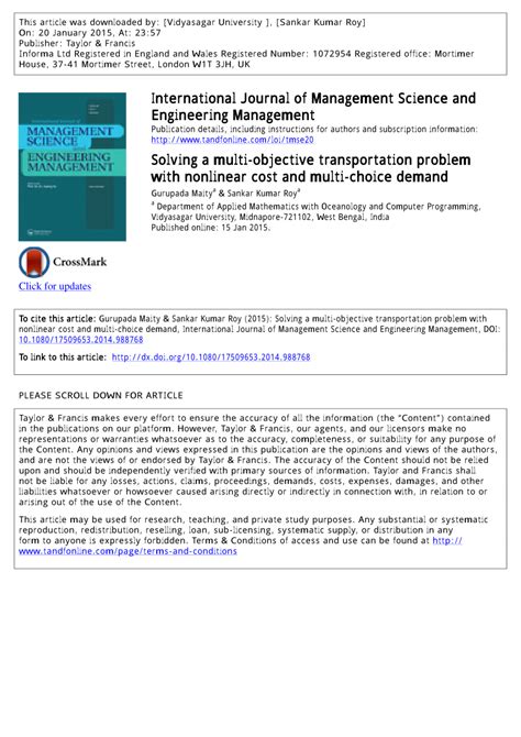 pdf solving a multi objective transportation problem with nonlinear cost and multi choice demand
