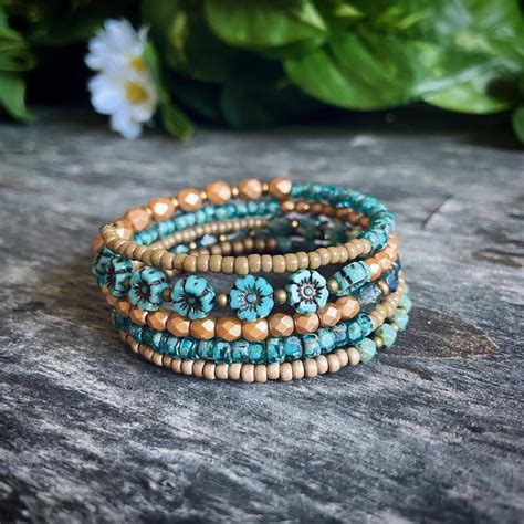 Bohemian Turquoise Beaded Wrap Braceletmemory Wire Etsy Boho