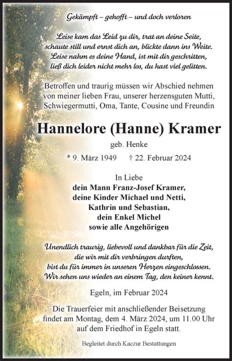 Traueranzeigen Von Hannelore Kramer Abschied Nehmen De