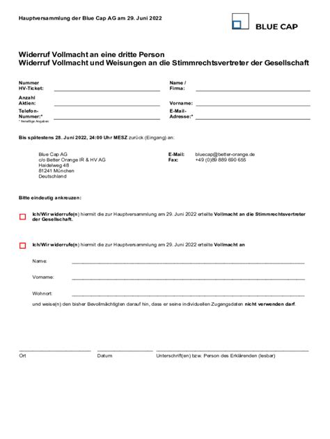 Ausf Llbar Online Widerruf Vollmacht An Eine Dritte Person Blue