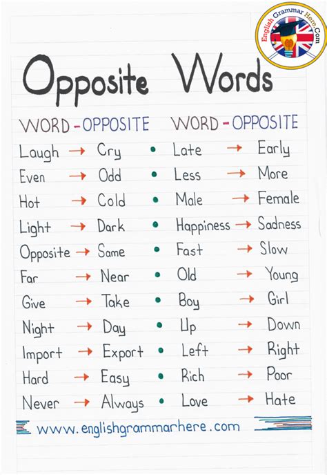 Opposite Words List Handwriting English Documents English Grammar