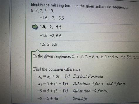 identify the missing terms in the given arithmetic sequence 5 9