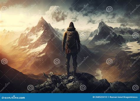 Man Reaching The Summit Man On Top Of A Mountain Ai Generated Stock