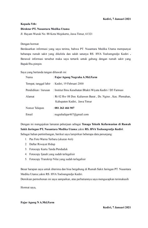 Surat Lamaran Yuli Glghjfljj J H Kediri 7 Januari 2021 Kepada Yth
