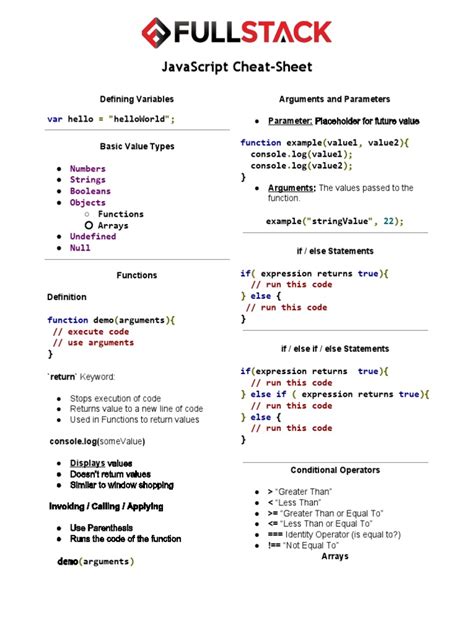javascript cheat sheet var function pdf parameter computer programming subroutine