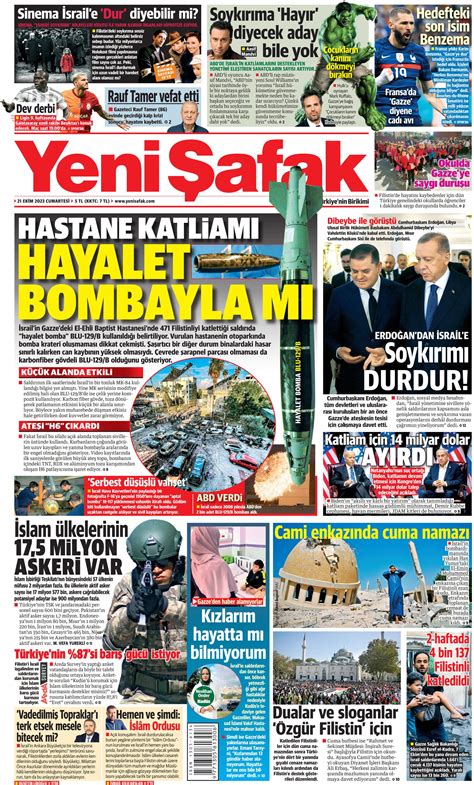 Yeni Şafak Gazetesi 21 Ekim 2023 Cumartesi Günü Manşeti