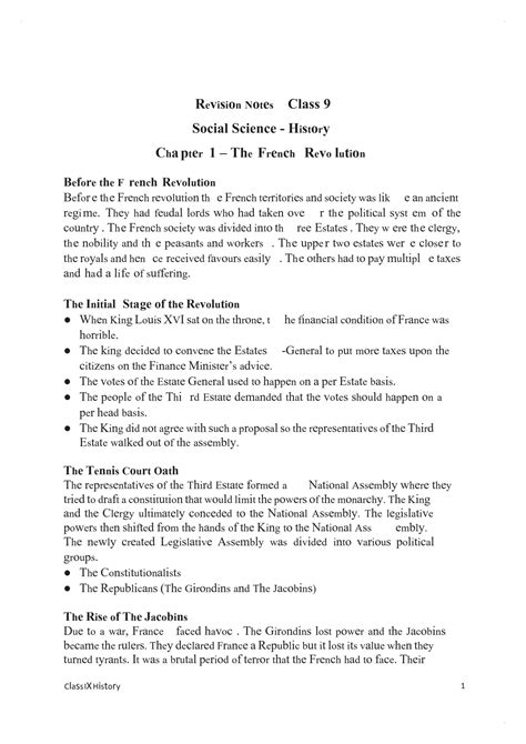 Solution Cbse Class History Chapter Notes The French Revolution