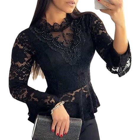 Blusa Renda Peplum Flare Decote P Rolas Manga Longa R Em