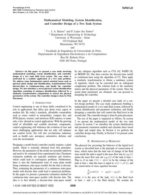 mathematical modeling system identification and controller design of a two tank system pdf