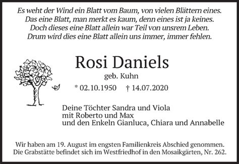 Traueranzeigen Von Rosi Daniels Trauer Merkur De