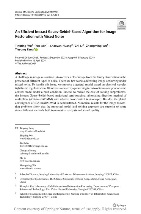 pdf an efficient inexact gauss seidel based algorithm for image restoration with mixed noise