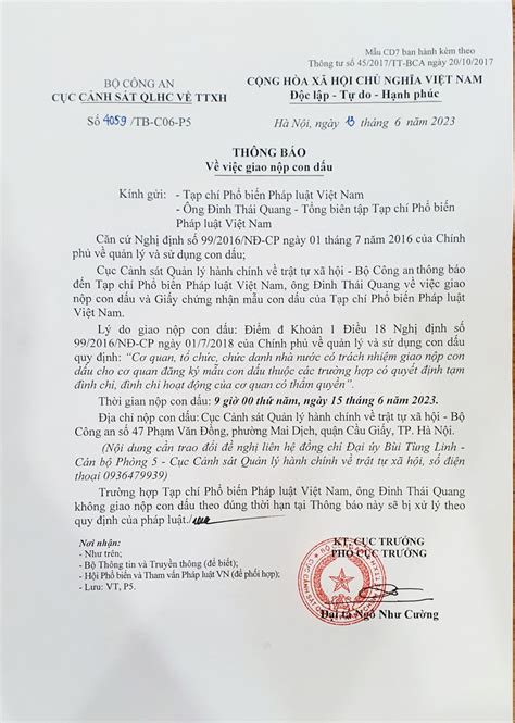 Bộ Công an yêu cầu Tạp chí Phổ biến pháp luật Việt Nam giao nộp con dấu