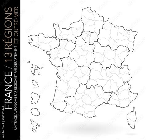 Carte de France muette 13 régions et outre mer avec départements un