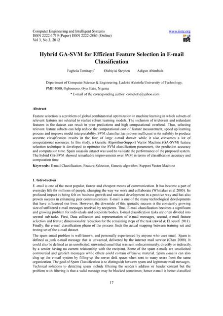 hybrid ga svm for efficient feature selection in e mail classification pdf