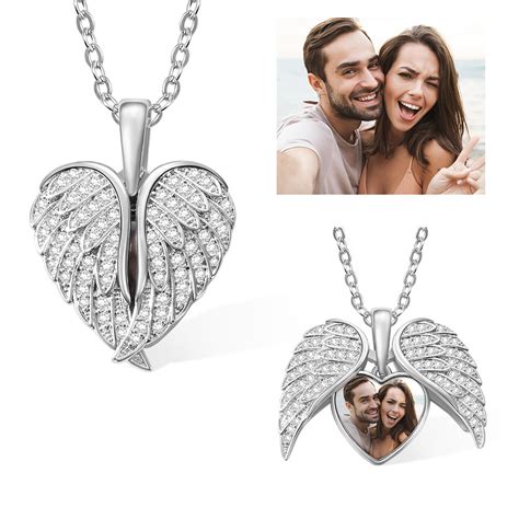 Angel Wing Necklace With Custom Photo Heart Picture Pendant Necklace