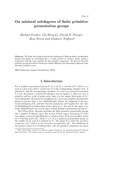 pdf on minimal subdegrees of finite primitive permutation groups cheryl praeger