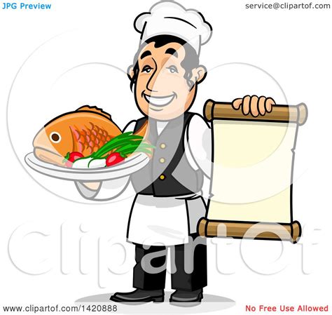 Clipart Of A Cartoon Happy Male Chef Holding A Menu And A Fish Dish