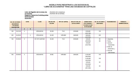 Libro De Accionistas MODELO PARA REGISTRAR A LOS SOCIOS EN EL LIBRO