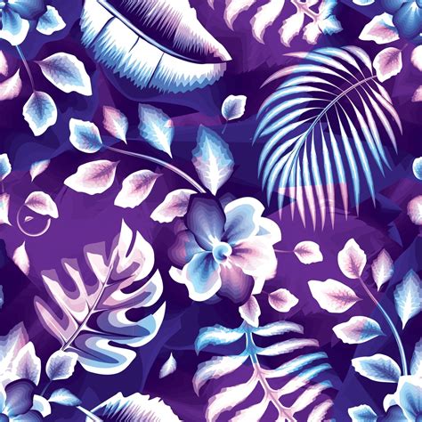 Purple Abstract Tropical Seamless Pattern With Banana Leaves Monstera