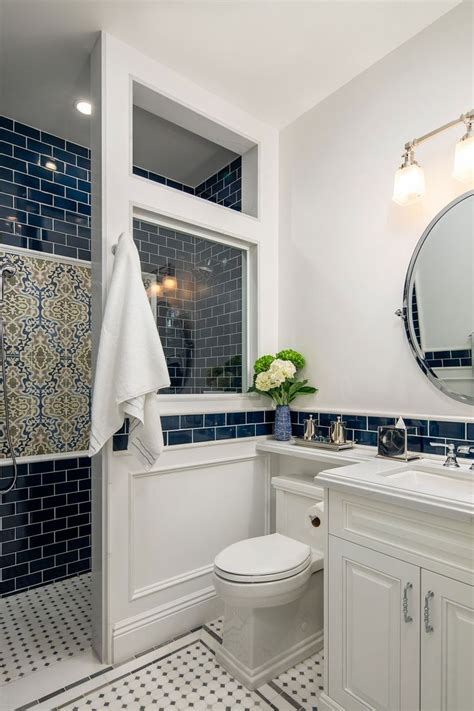 Traditional White And Blue Bathroom With Walk In Shower