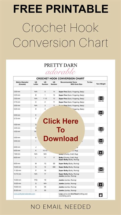Printable Crochet Hook Size Chart