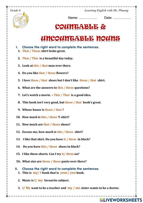 English 6 Countable And Uncountable Noun Worksheet Live Worksheets