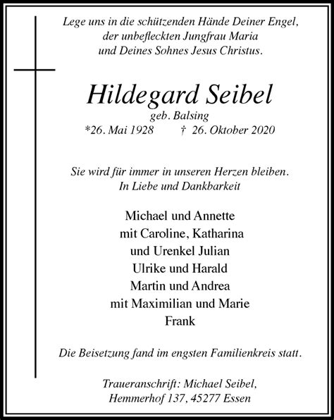 Traueranzeigen Von Hildegard Seibel Trauer In NRW De