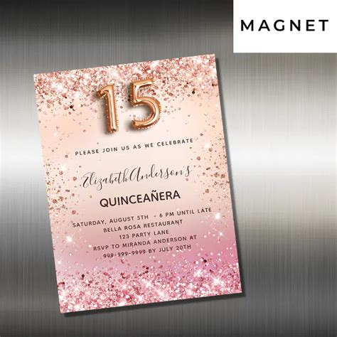 Quinceanera Blush Pink Rose Gold Invitation Magnet Zazzle
