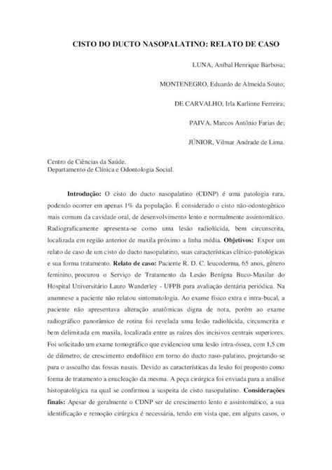 Pdf Cisto Do Ducto Nasopalatino Relato De Palavras Chave Cisto