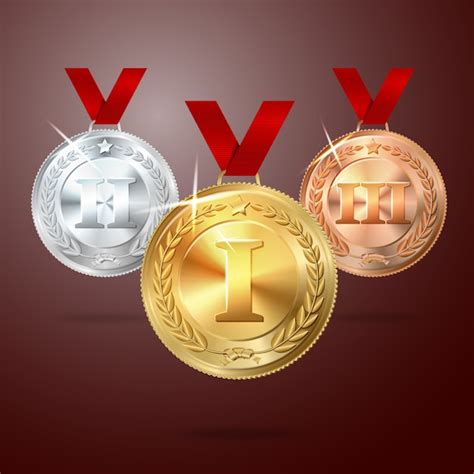 Vector Medalla De Oro Plata Y Bronce Con Cintas Rojas Vector Premium