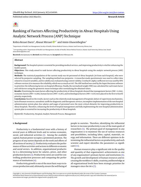 pdf ranking of factors affecting productivity in ahvaz hospitals using analytic network