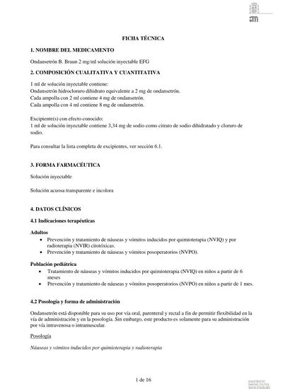 FICHA TÉCNICA 1 NOMBRE DEL MEDICAMENTO Ondansetrón B Braun 2 mg ml