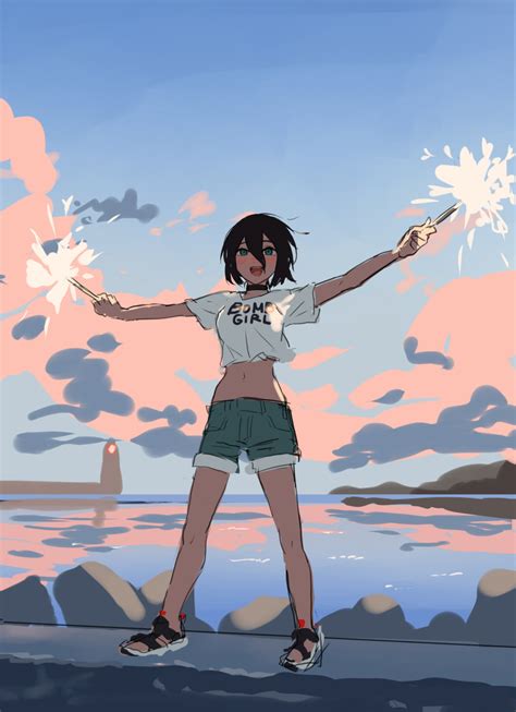 Safebooru 1girl Absurdres Alternate Costume Arms Up Black Choker Black Hair Blue Shorts Blush