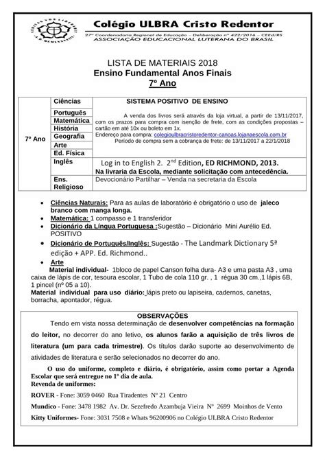 PDF LISTA DE MATERIAIS 2018 Ensino Fundamental Anos Finais 7º