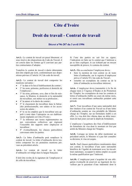 Cote D Ivoire Decret N1996 201 Du 7 Mars 1996 Droit Afrique