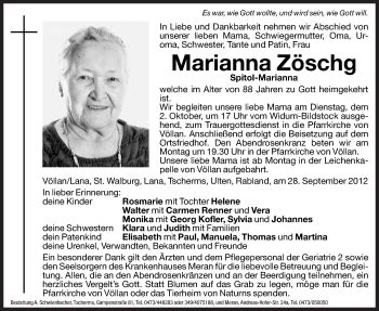 Traueranzeigen Von Marianna Z Schg Trauer Bz
