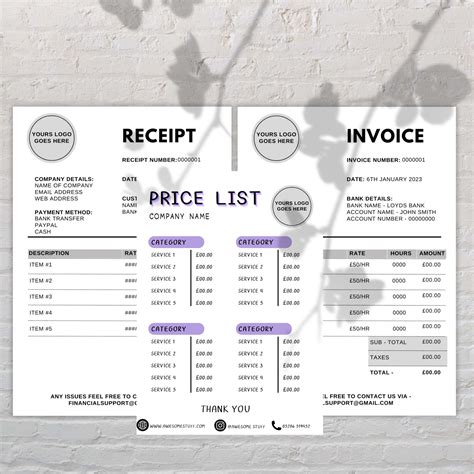 Plantilla De Factura Imprimible Recibo Plantilla De Lista De Precios