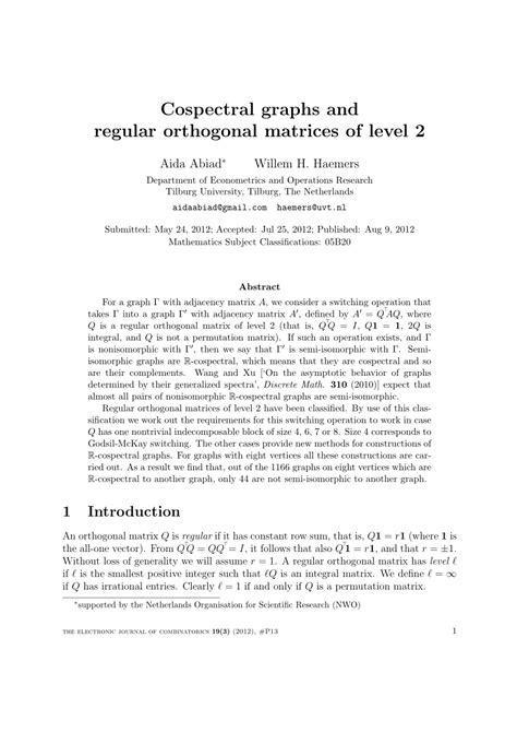 pdf cospectral graphs and regular orthogonal matrices of level 2