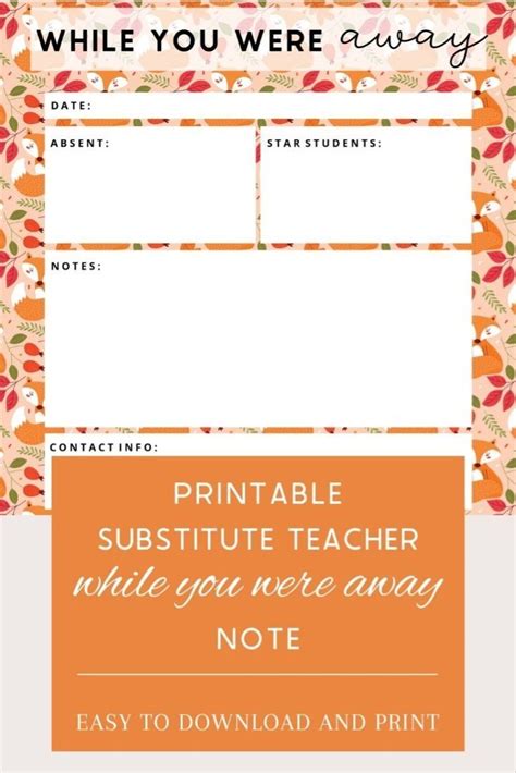 Printable Substitute Teacher Note While You Were Away Note Autumn Fox