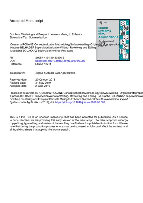 pdf combine clustering and frequent itemsets mining to enhance biomedical text summarization