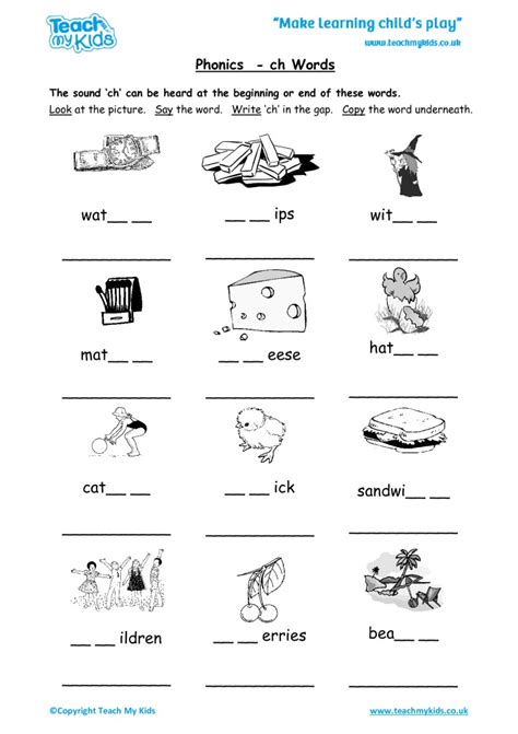 Consonant Digraphs CH Sound Words With Pictures Worksheet PDF