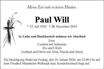 Traueranzeigen Von Paul Will Trauerportal Ihrer Tageszeitung