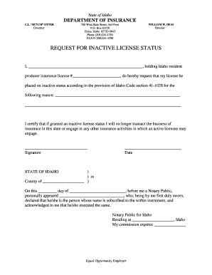 Fillable Online Doi Idaho Inactive Request For Inactive License
