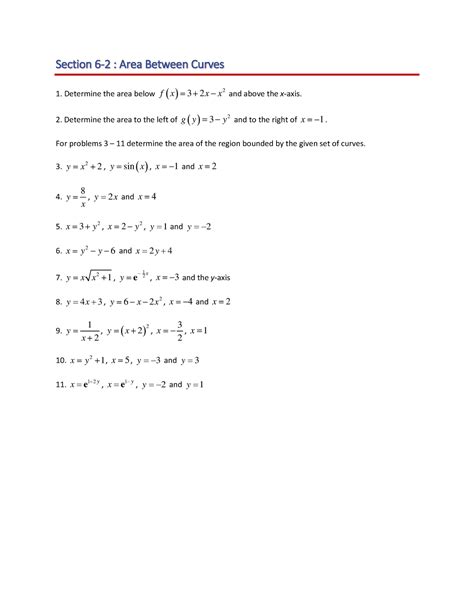 Calc I Area Between Curves Problems Section Area Between