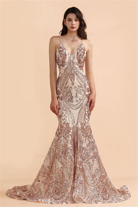 BMbridal Sexy V Neck Rose Gold Prom Dress Mermaid Long Sequins Evening